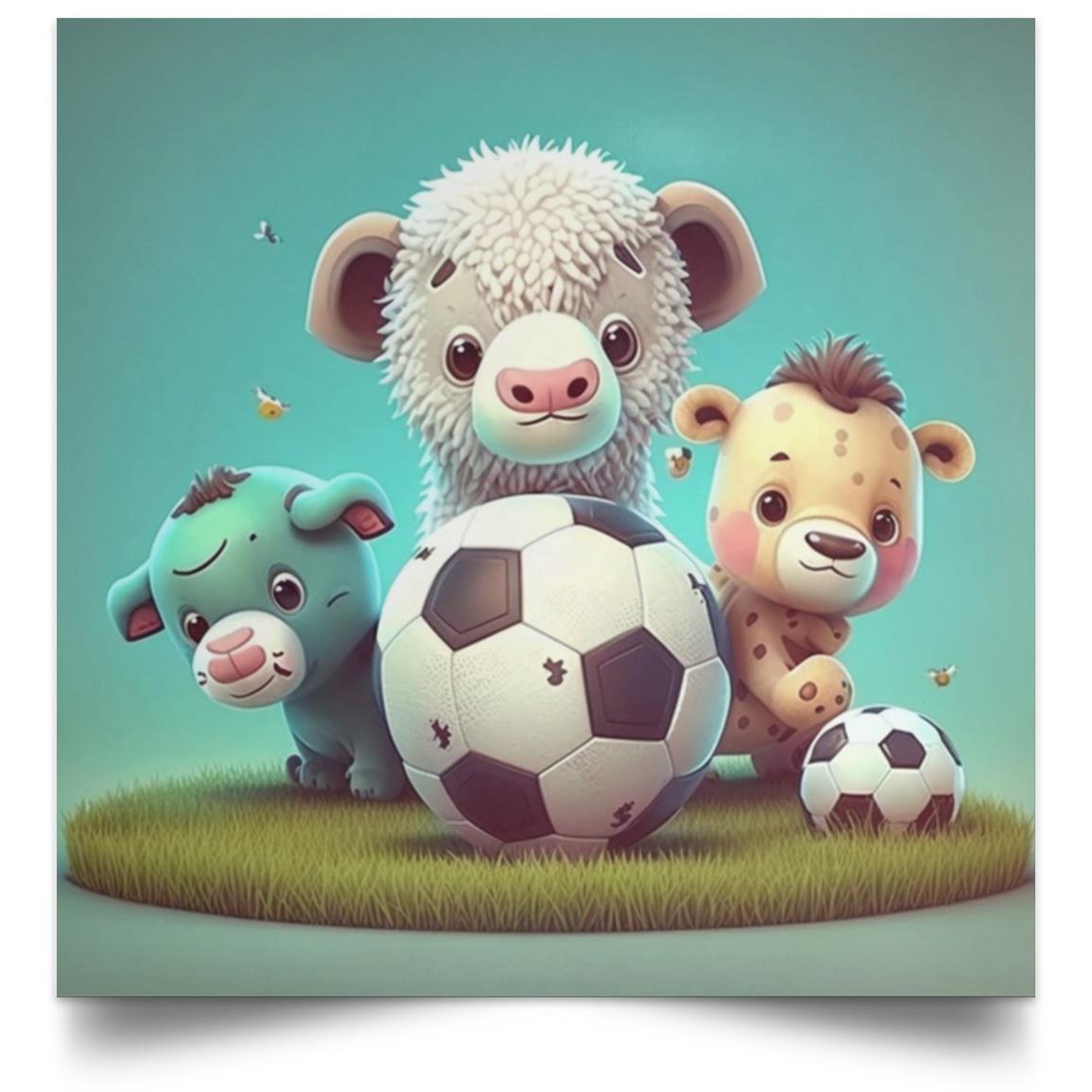 Baby Stuffed Animals Playing Soccer Satin Square Poster – ElegantGiftOasis