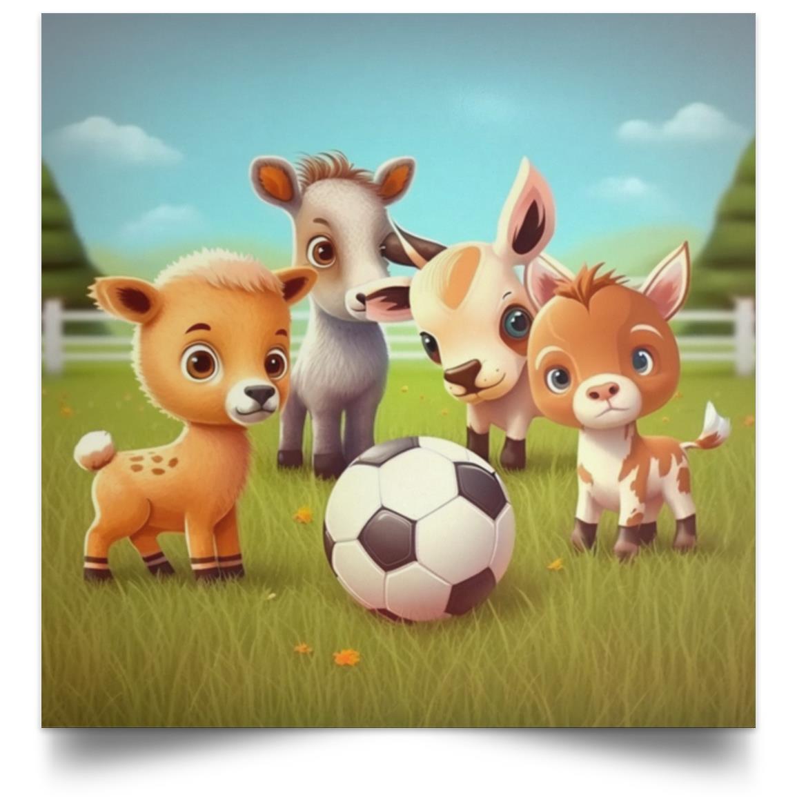 Baby Farm Animals Playing Soccer | Satin Square Poster – ElegantGiftOasis
